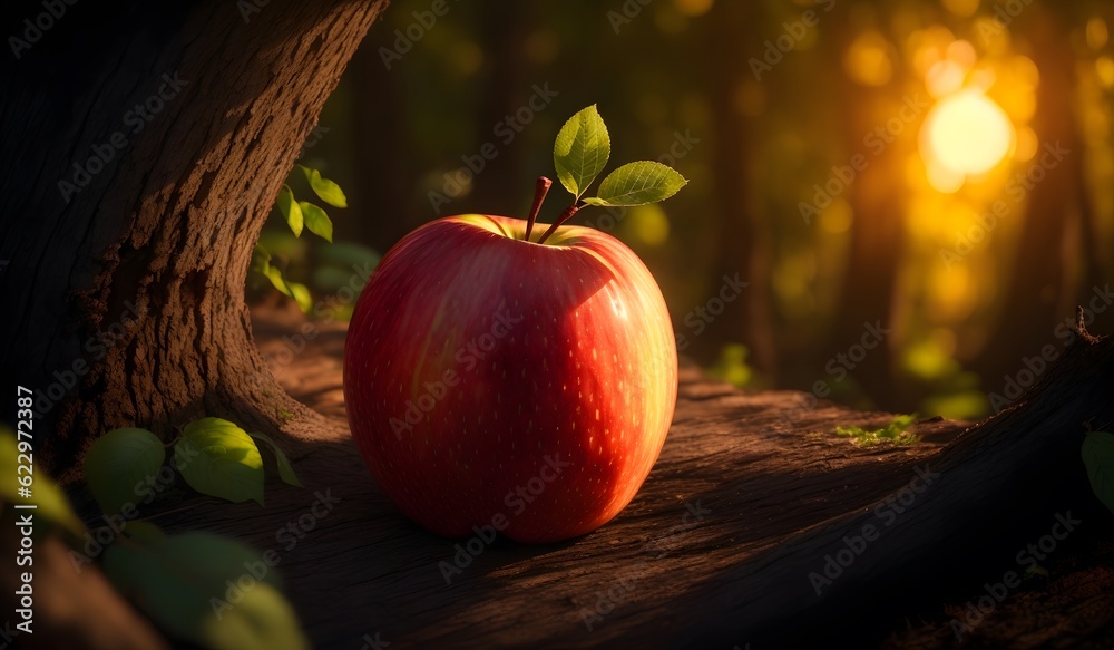 Red apple with sunrise in forest background. Generative AI Stock Photo ...