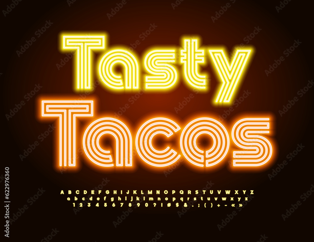 Vetor de Vector glowing Poster Tasty Taco. Bright Electric Font. Maze ...