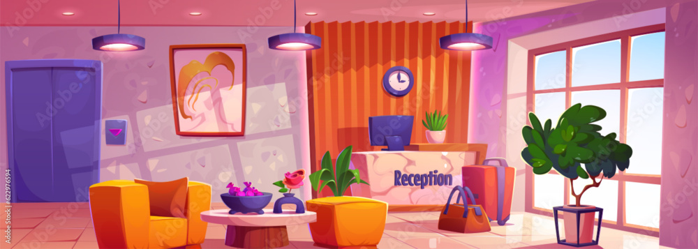 Cartoon hotel lobby interior design. Vector illustration of spacious ...