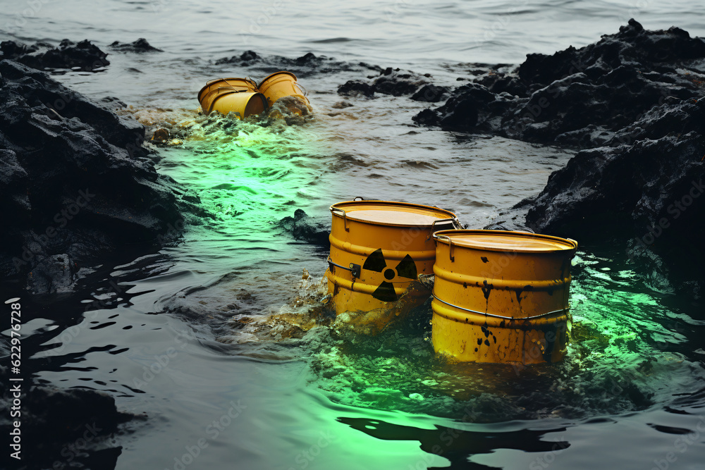 Radioactively contaminated water, radioactive waste drums, polluted ...