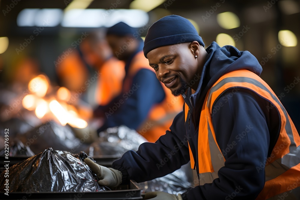 Recycling. workers sorting waste in trash bin during sorting process ...