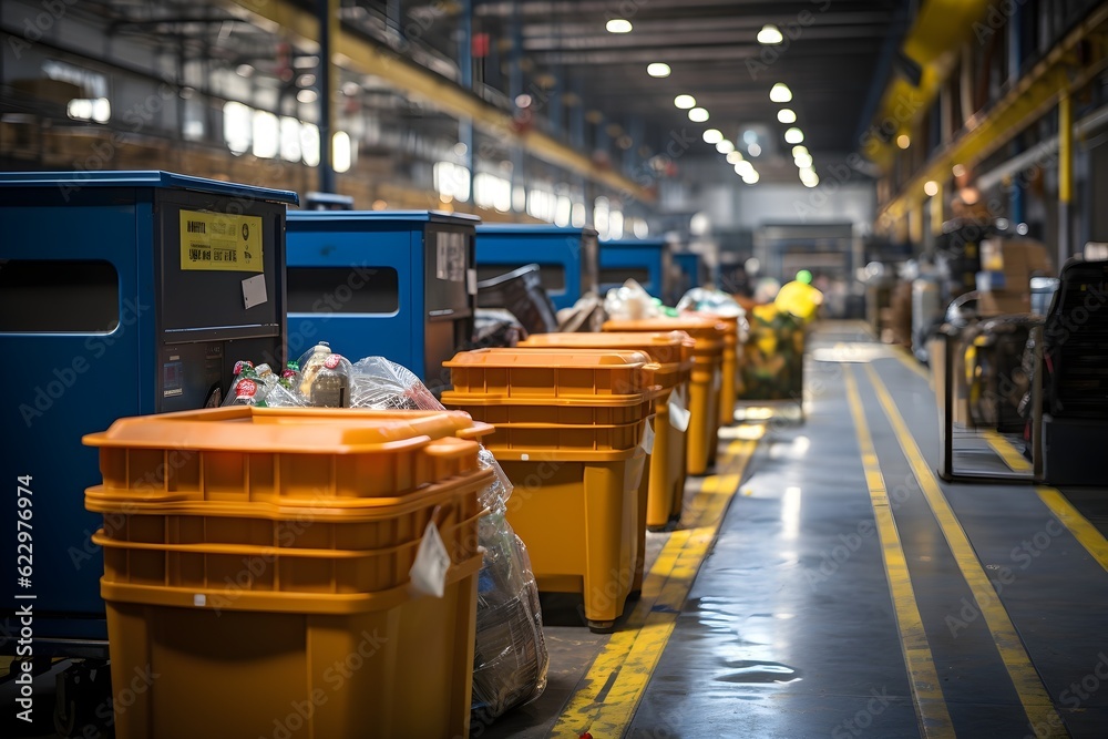 Recycling. Interior of a warehouse with yellow plastic boxes and ...
