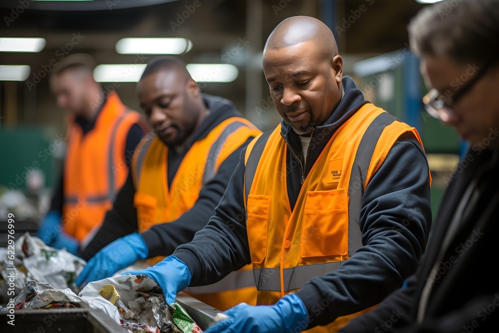 Recycling. workers sorting waste in trash bin during sorting process ...