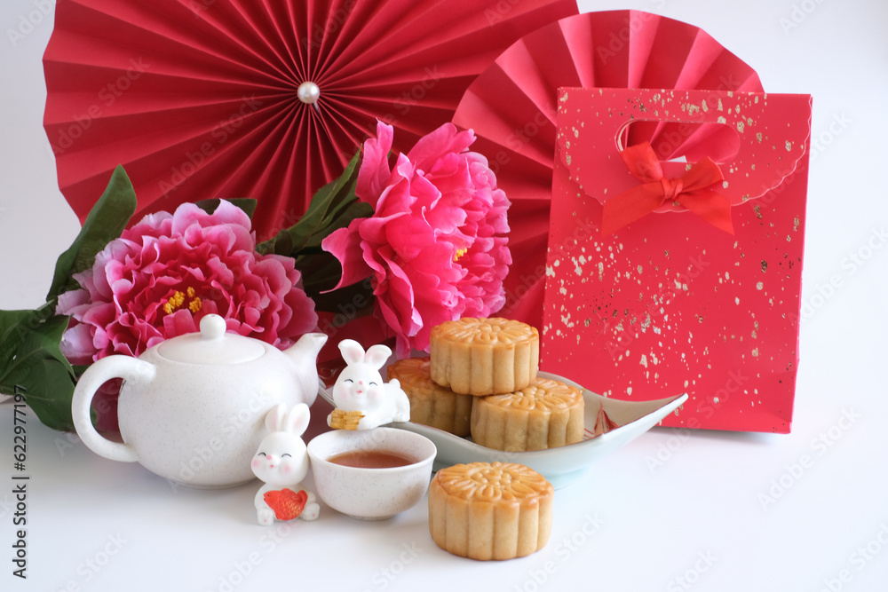 Chinese Mid-Autumn Festival concept made from mooncakes, tea decorated ...