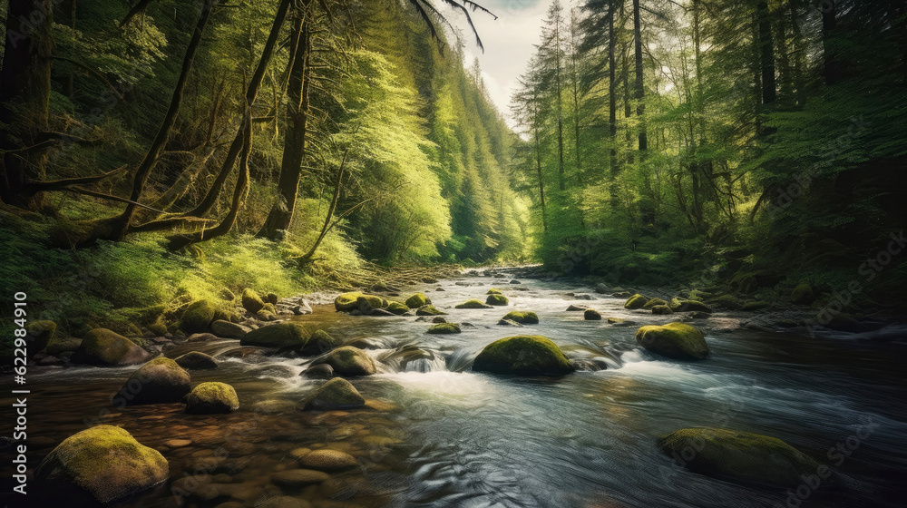 River in forest with streaming water and rocks and trees Stock ...