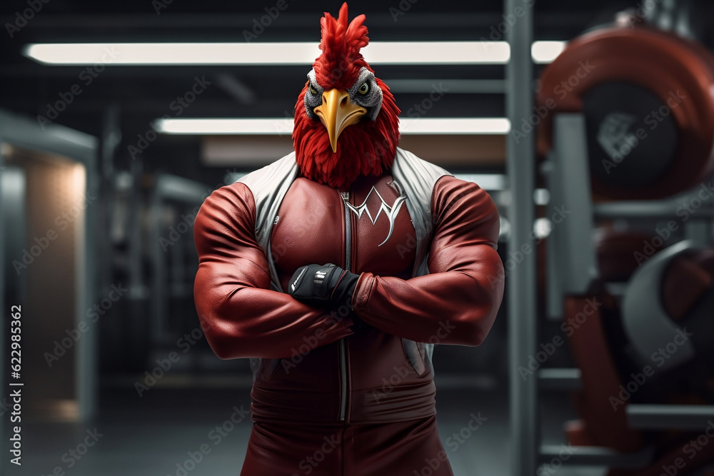 fit Rooster standing at the gym, Strong and Confident Rooster Flexing ...