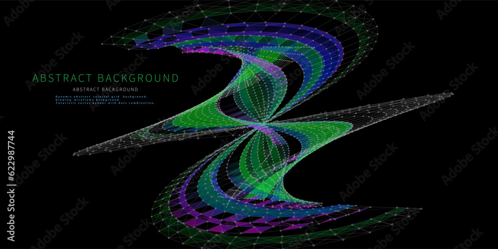 Abstract background twisting wireframe grid from color faces and dots ...