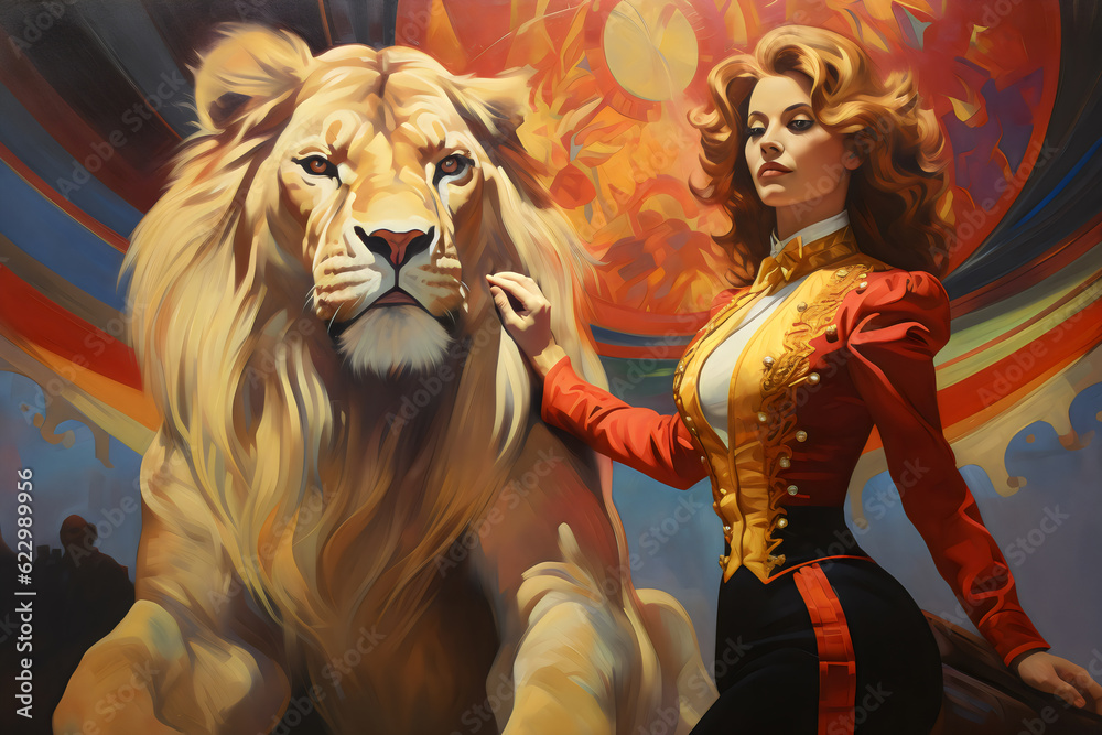 female lion tamer vintage circus painting made with generative ai Stock ...