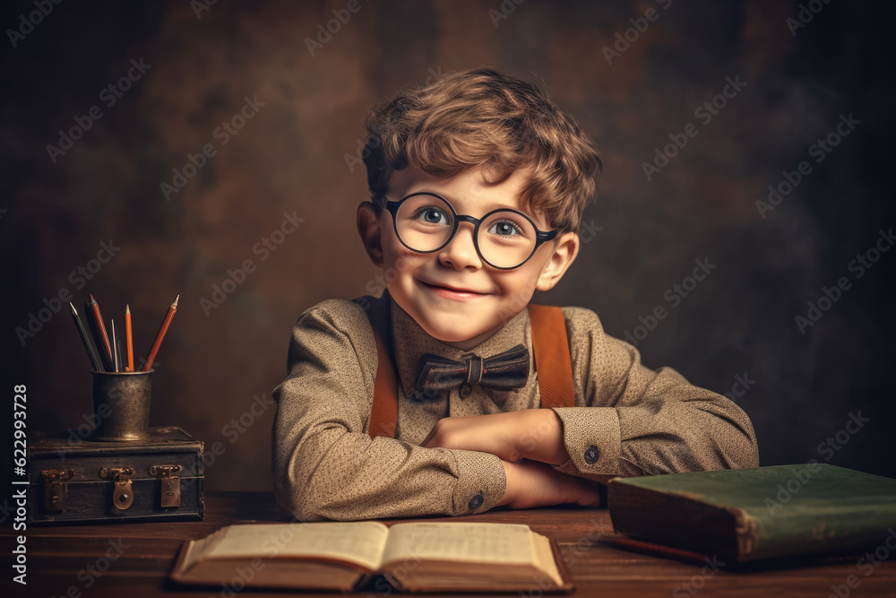Portrait of schoolboy at the desk in retro style. Education concept ...