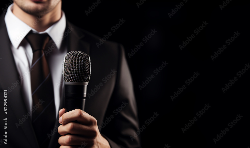 Host of event in suit holding microphone during performance while ...