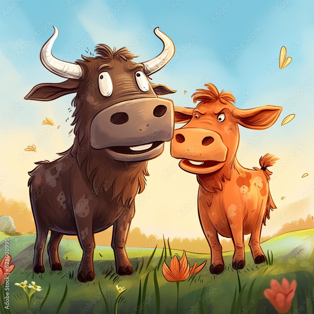 A cartoon illustration of a cow and a bull. Cattle. Farm. Milk ...