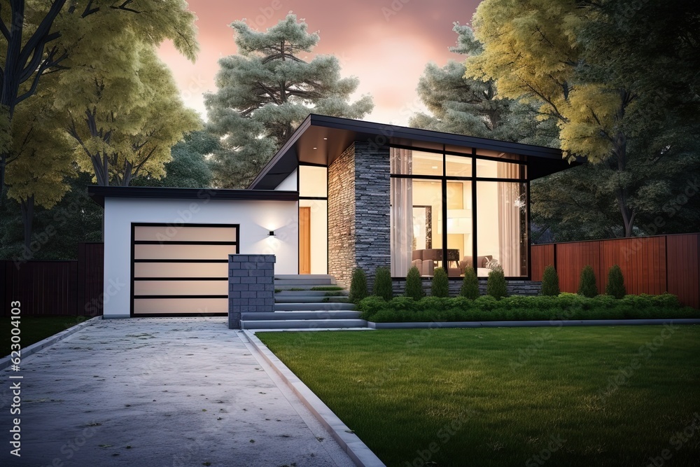 Sleek Minimalist Style Residence with Single Car Garage, White Siding, and Natural Brick ...