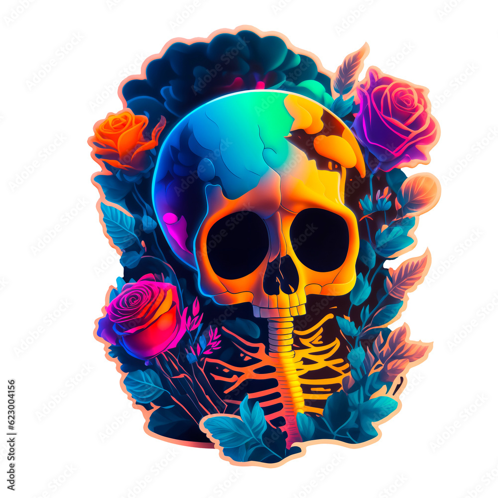 Bright illustration of a skull, in neon colors. Generative AI ...