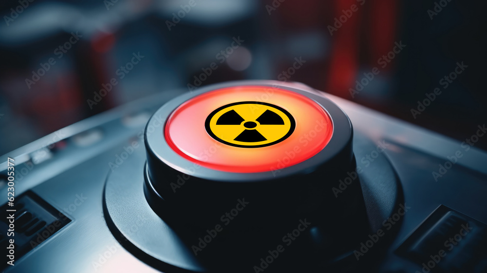 Big Red Button with Nuclear Logo on Control Panel: Symbolic Image of ...