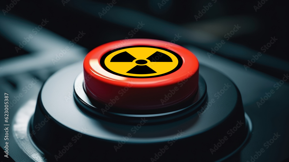 Big Red Button with Nuclear Logo on Control Panel: Symbolic Image of ...