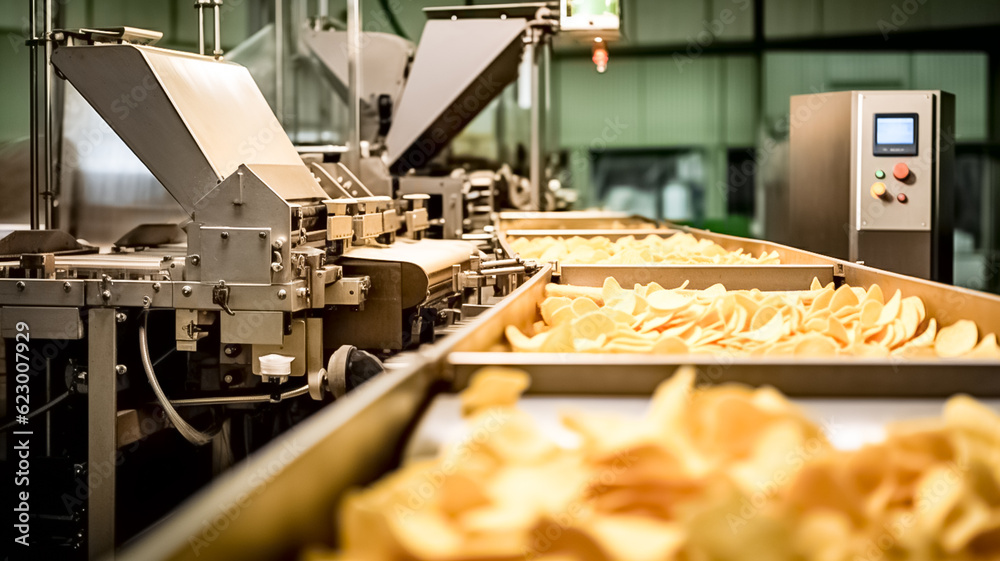Lots of chips prepared on a conveyor at a food factory. Line for the ...