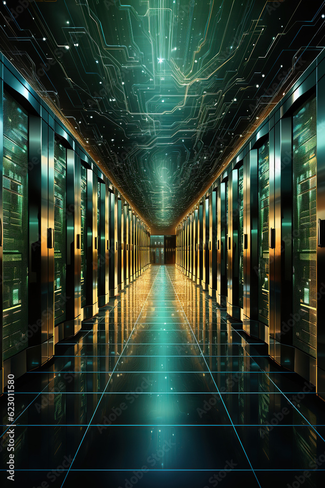 Server room, multiple server rack hall in a darkly lit office, Data ...