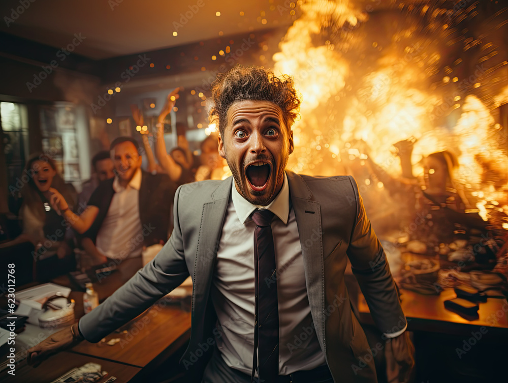 Fire outbreak in office room: Scared man fleeing the flames, with a ...