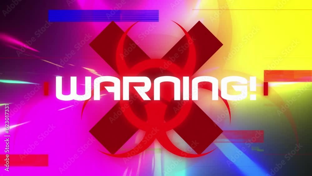 Animation of warning text on hazard symbol on x against multicolored ...