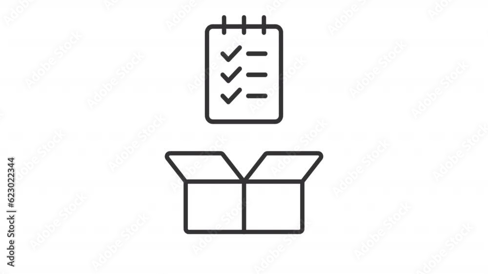 Product requirements line animation. Checklist falling into paper box ...