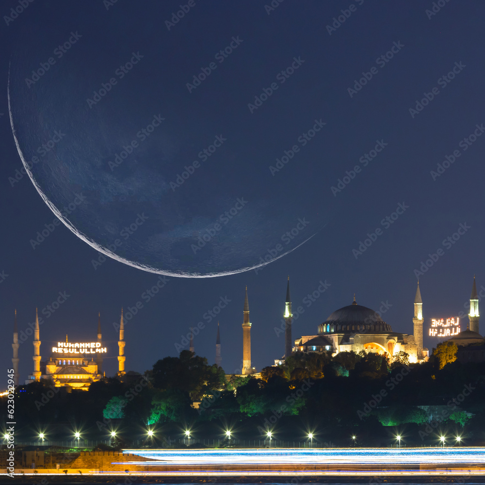 Islamic square format image. Hagia Sophia and Blue Mosque with crescent ...