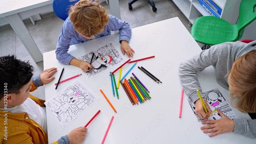 Group of school children draw picture for augmented reality. Kids in ...