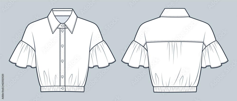 Frill Sleeve Shirt technical fashion Illustration. Cropped Shirt ...