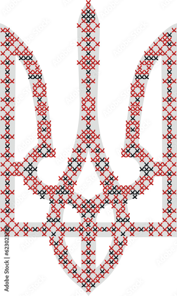 Vector gerb of Ukraine embroidered with black and red threads with a ...