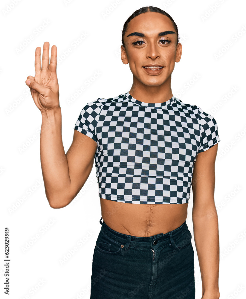 Hispanic transgender man wearing make up and long hair wearing modern ...