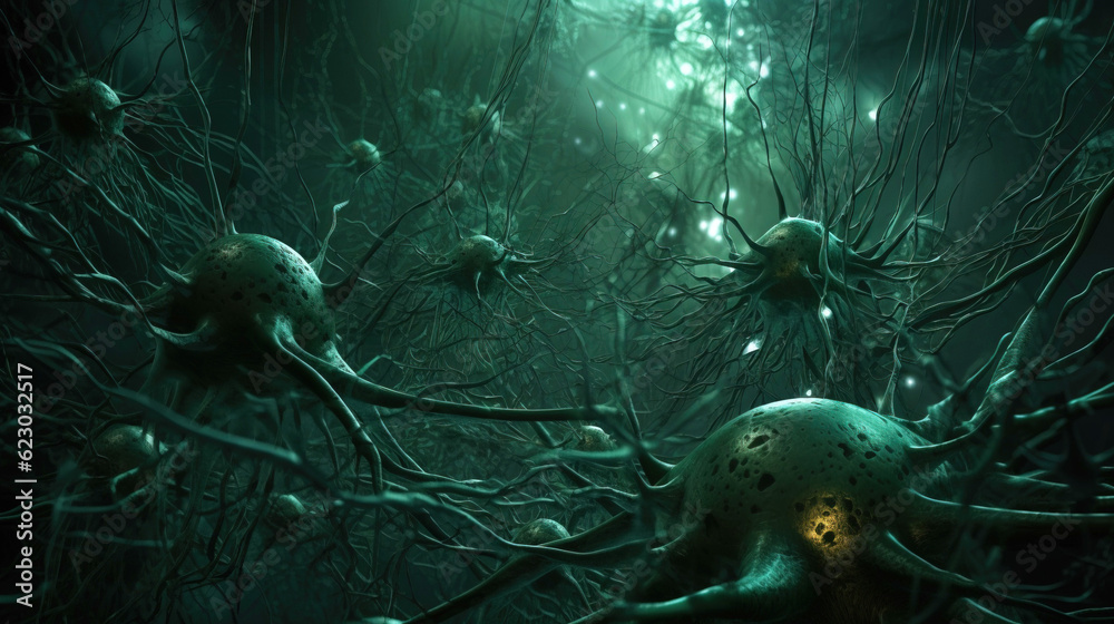 Neurons green, neuronet cores close up. Scientific medicine psychology ...