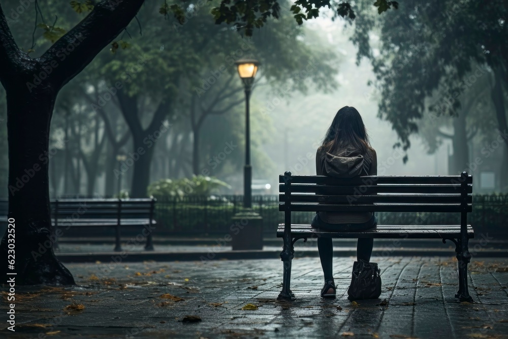 Lonely Girl Sitting on Park Bench in Rainy Day Symbolizing Solitude ...