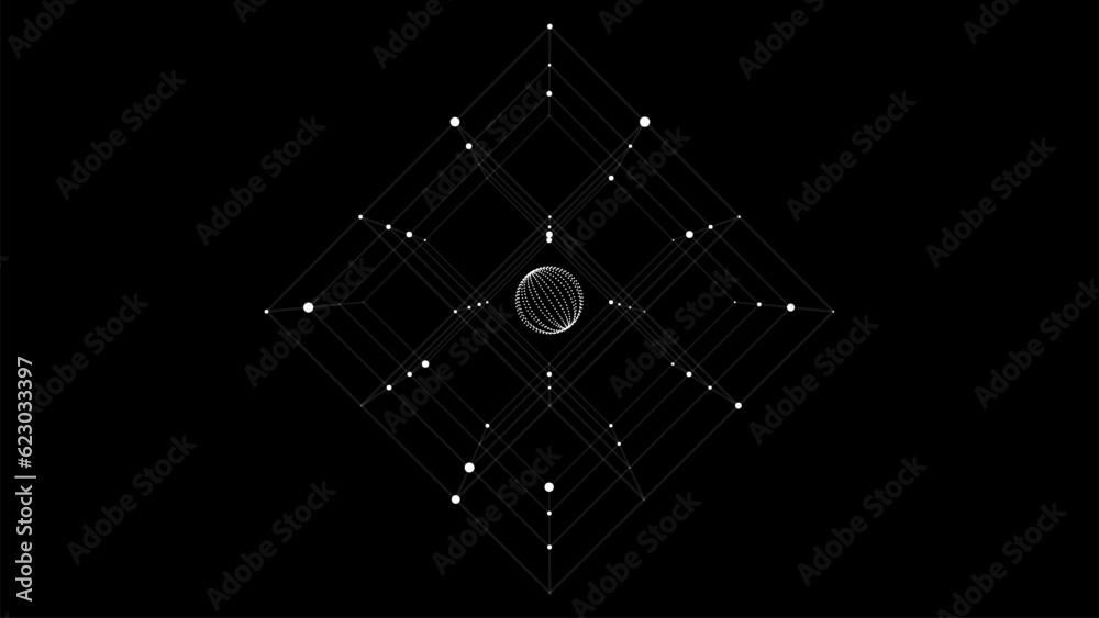 Abstract sci-fi cube with particle and line and sphere inside. Vector ...