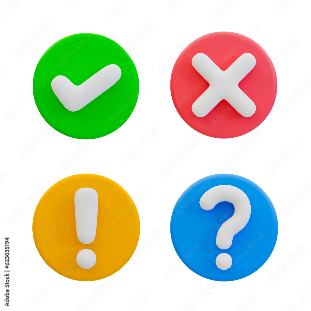 Poster 3d minimal green checkmark, cross mark, exclamation mark, and ...