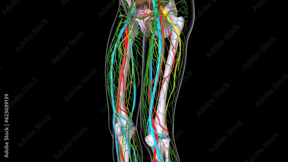 human leg skeleton anatomy with arteries veins nerves and lymph nodes ...
