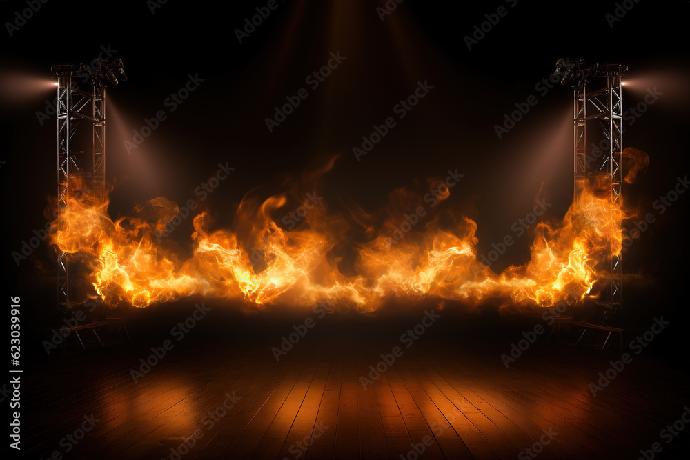 spotlights shine on stage floor in dark room with fire candle flame ...