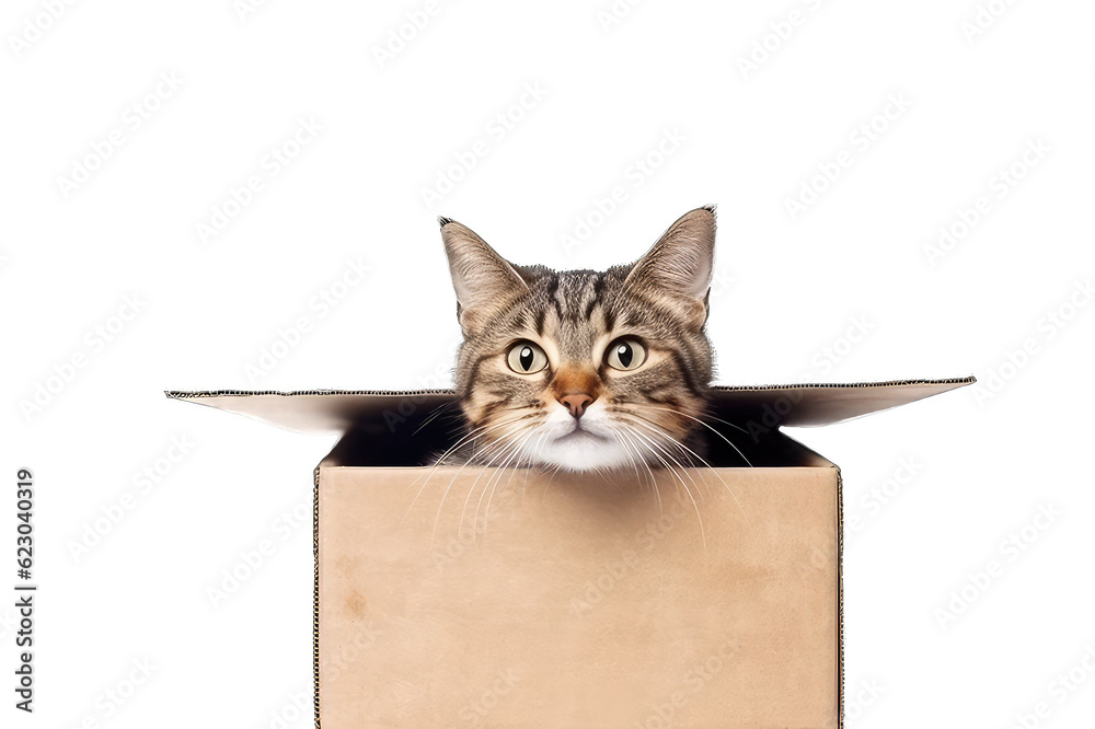 Cat in the box. Cute cat playing in box isolated on transparent ...