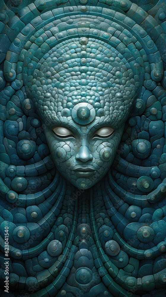 Alien female face with extraterrestrial surreal hybrid mix of Zeta Reticulan humanoid features ...