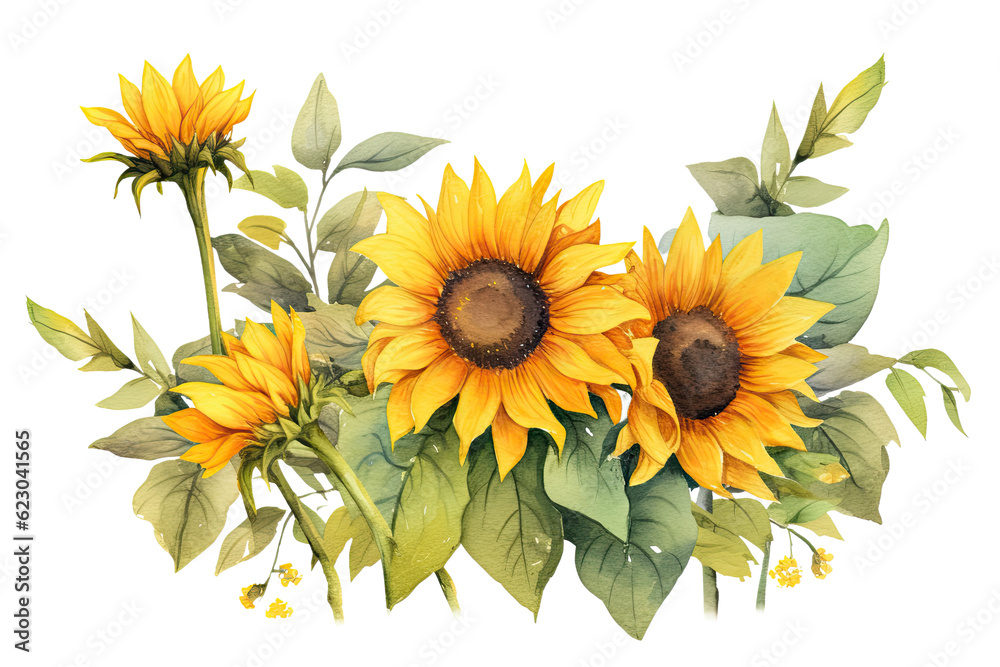 bouquet of sunflowers , line frame, drawn with a thick watercolor line ...