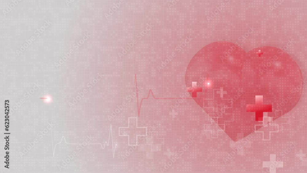 Red beating heart on animated medical background with crosses and ...