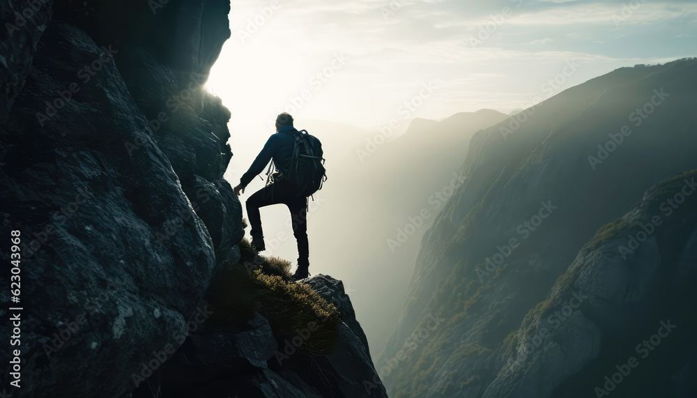 A brave climber conquers a challenging peak, demonstrating courage and ...