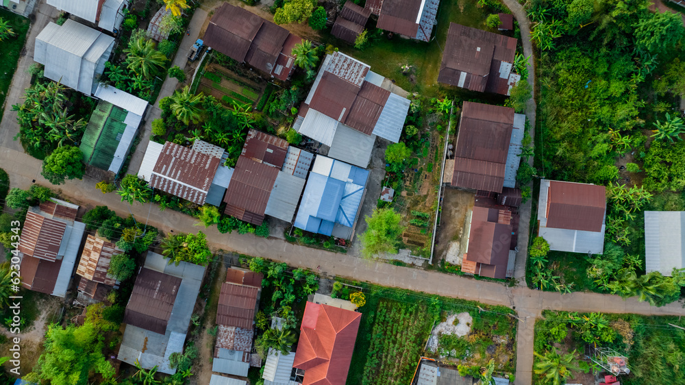 Aerial View of a serene rural village with green garden in Northeast ...