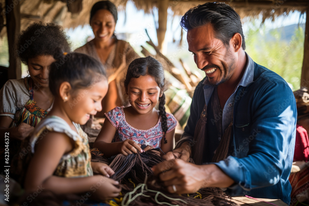 Parents and children participating in a Colombian weaving workshop on a ...