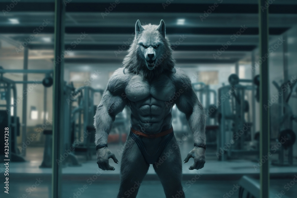 fit Wolf standing at the gym, Gym beast, Muscular wolf working out at the fitness center ...