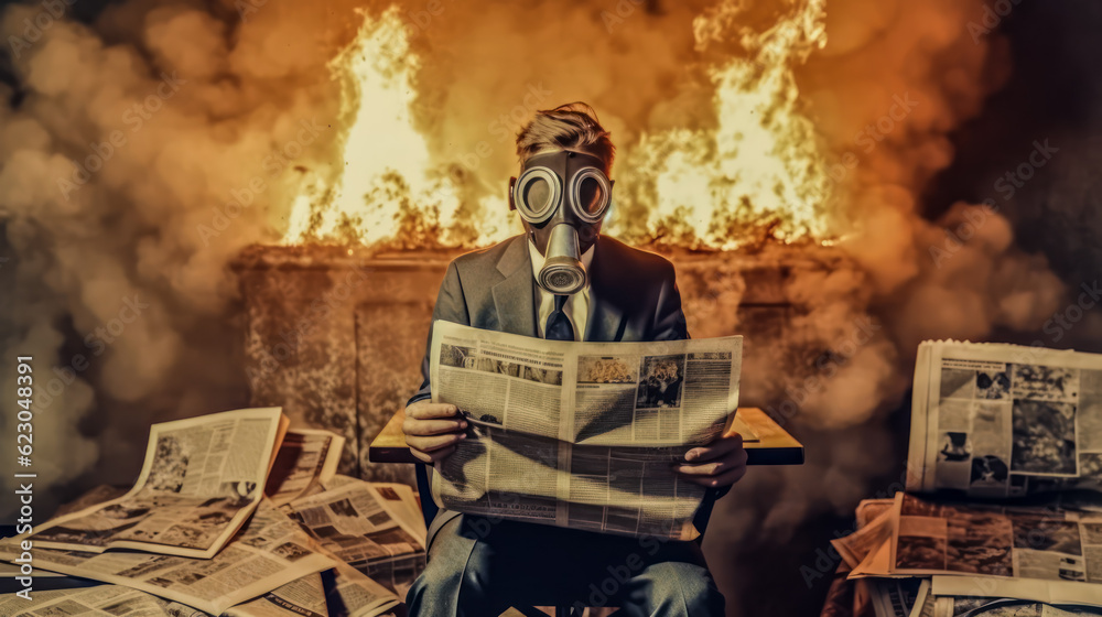 a man in a gas mask and a formal suit sits on an armchair and reads a ...