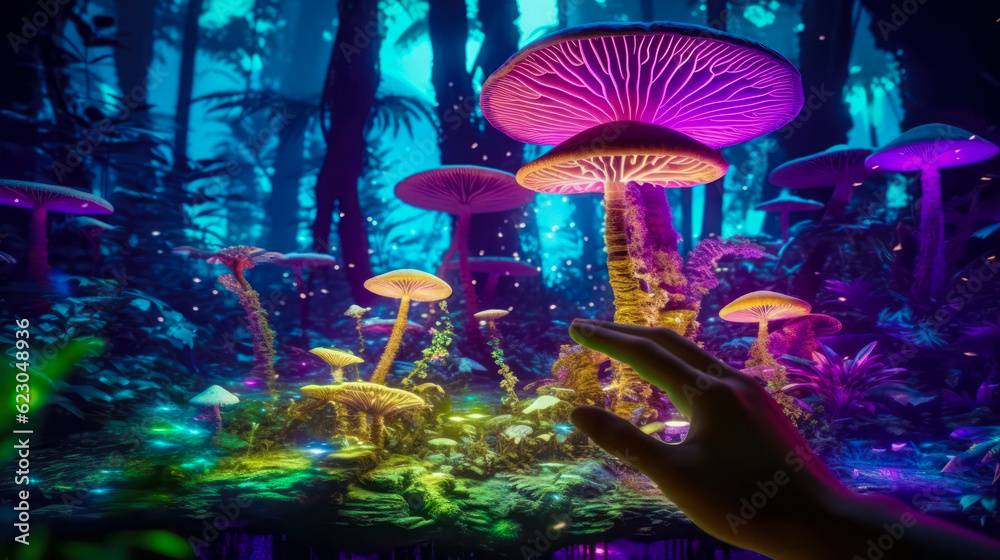 hand reaches to futuristic luminous glowing neon mushrooms, mycelium ...