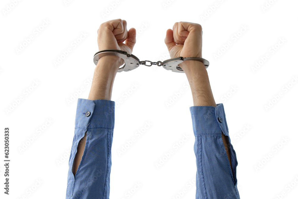 raised hands in handcuffs, freedom concept, on isolated white ...
