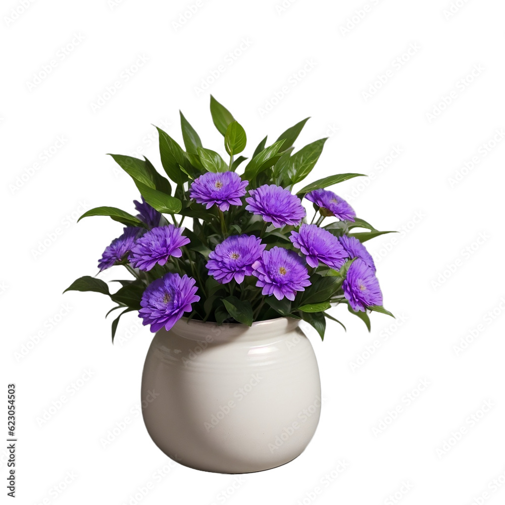 Beautiful purple flowers in a pot, isolated, transparent background, no ...
