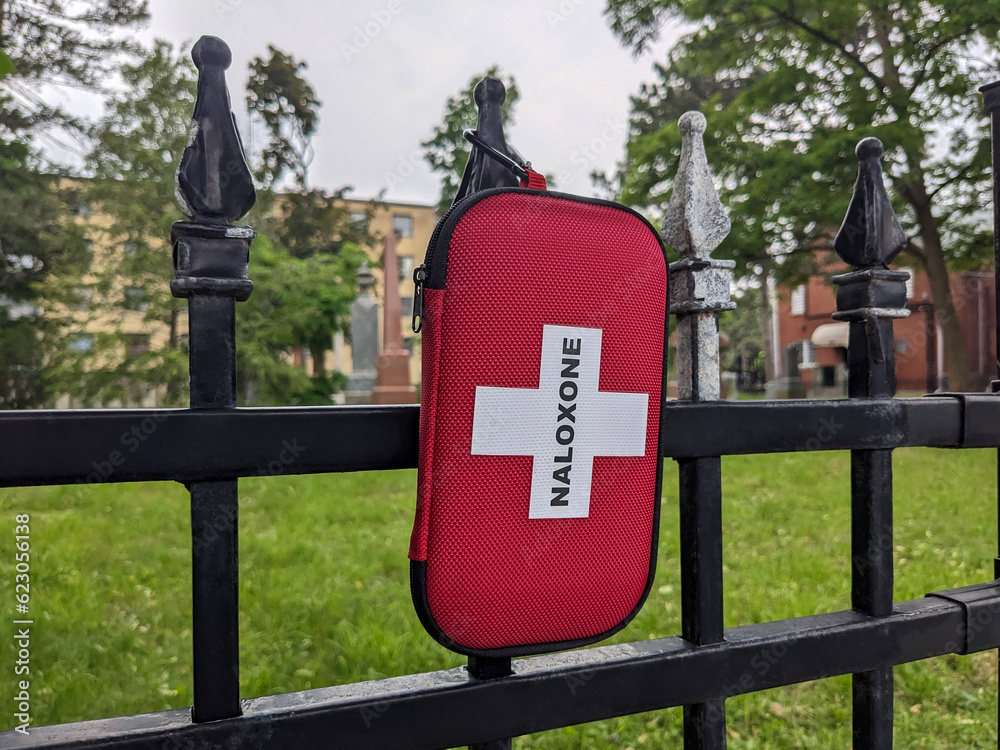 Free naloxone kit box hanging on the fence in city urban area park in ...