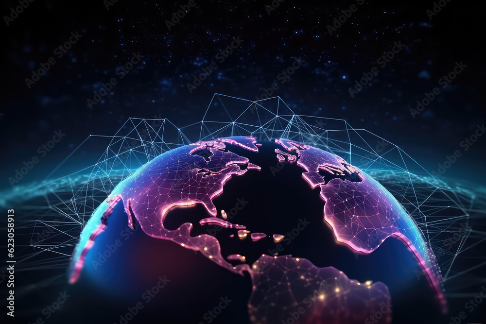 A globe of a planet surrounded by neural neon nexus lines, grid and ...