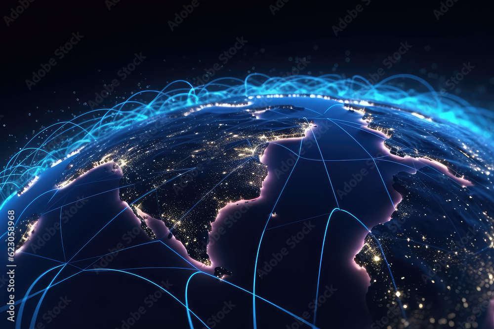 A globe of a planet surrounded by neural neon nexus lines, grid and ...